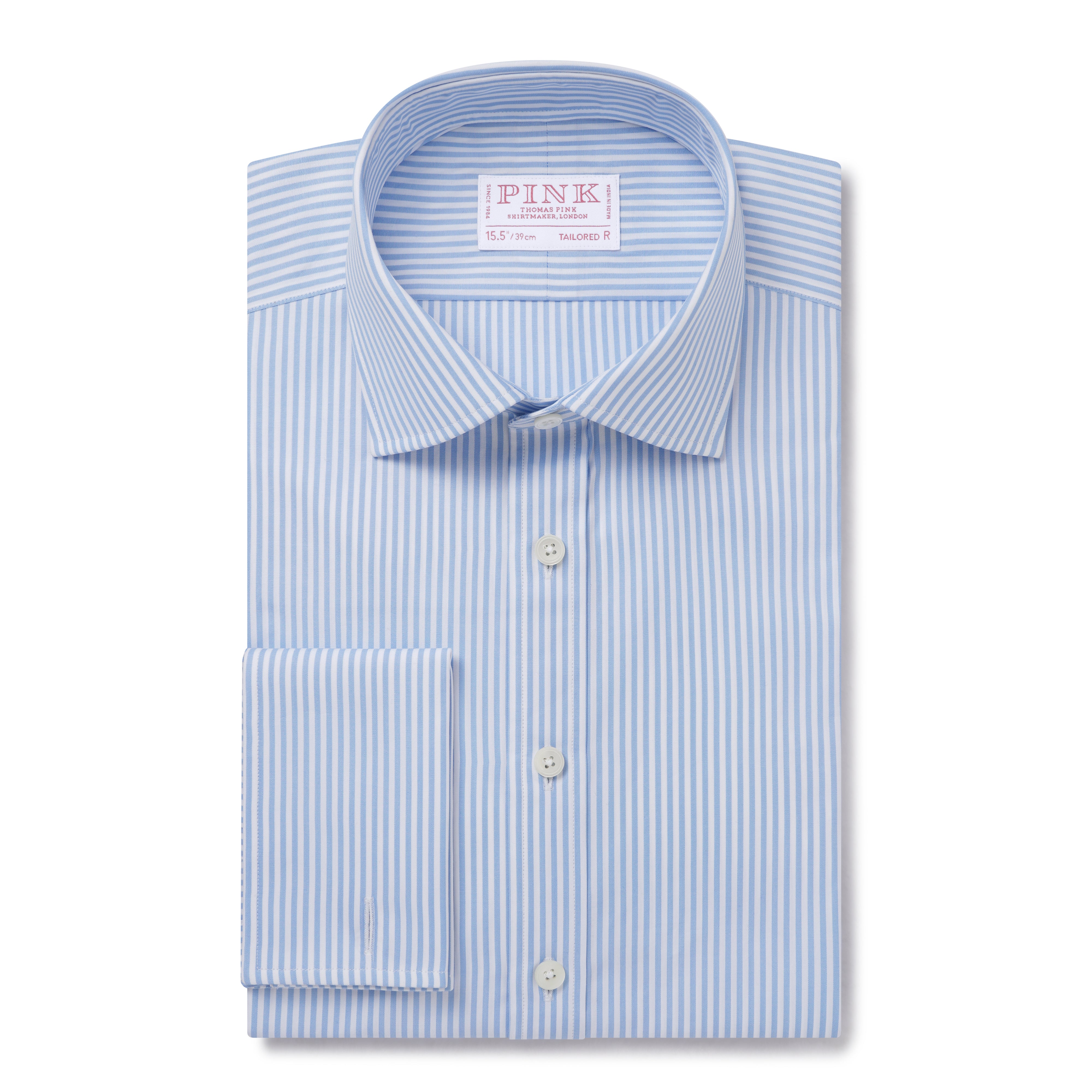 Pale Blue & White Tailored Fit Double Cuff Essential Bengal Stripe For ...