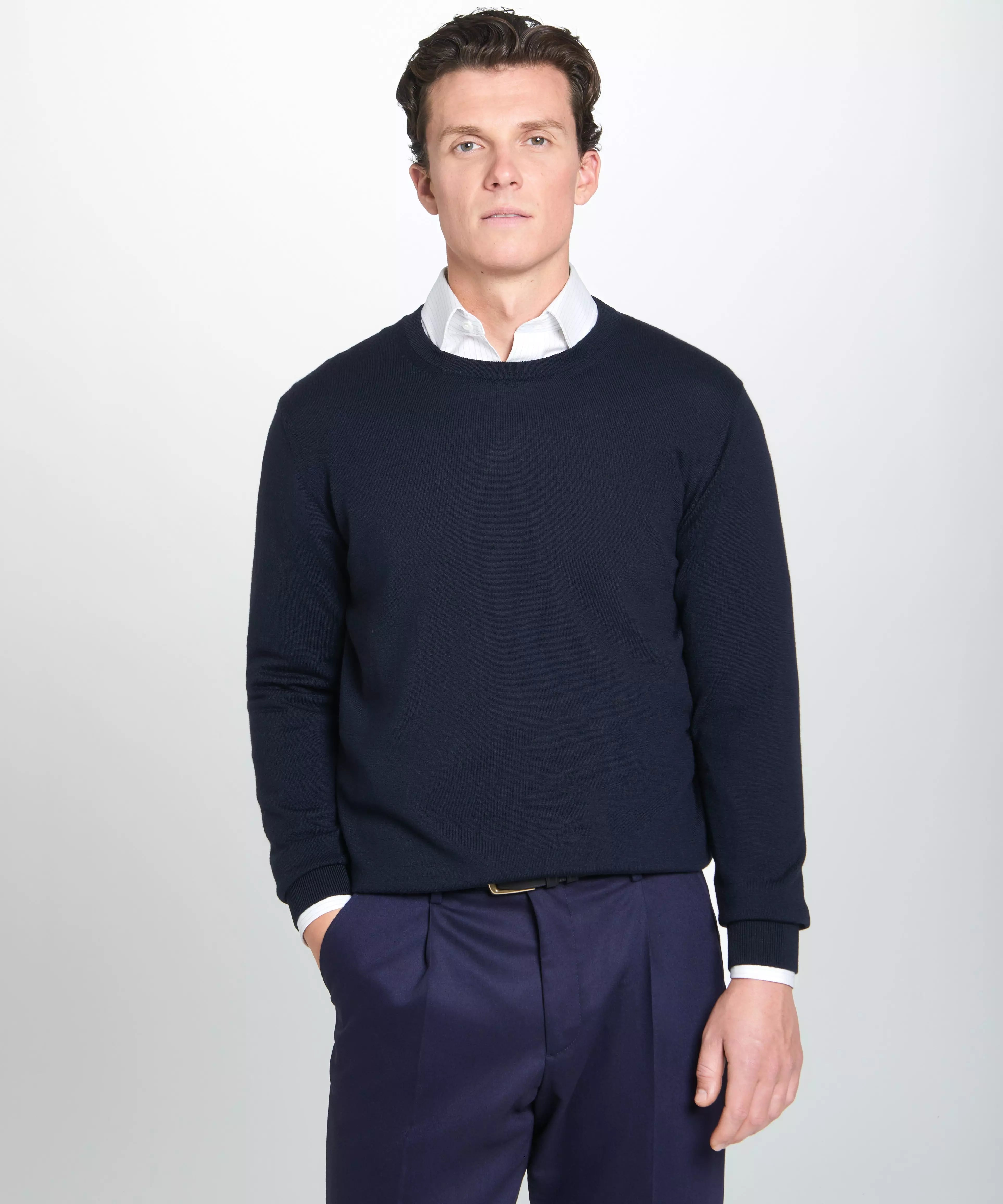 Navy Blue Merino Wool Crew Neck Sweater – Thomas Pink